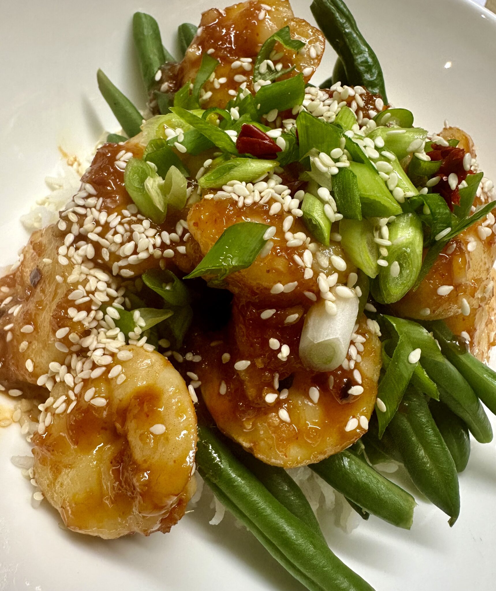 Chilli Garlic Ginger Prawns with Rice & Green Beans